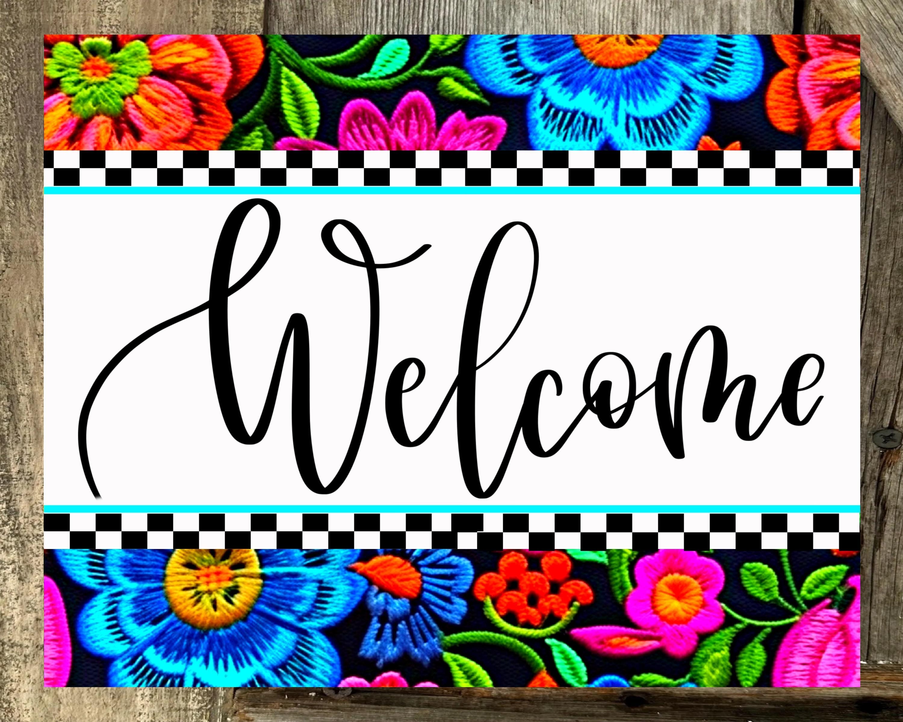 Welcome Bright Floral Print with Black Background, Everyday Sign ...